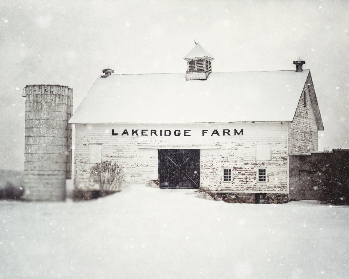 Farmhouse Wall Decor | Modern Winter White Barn Landscape Art Print ...