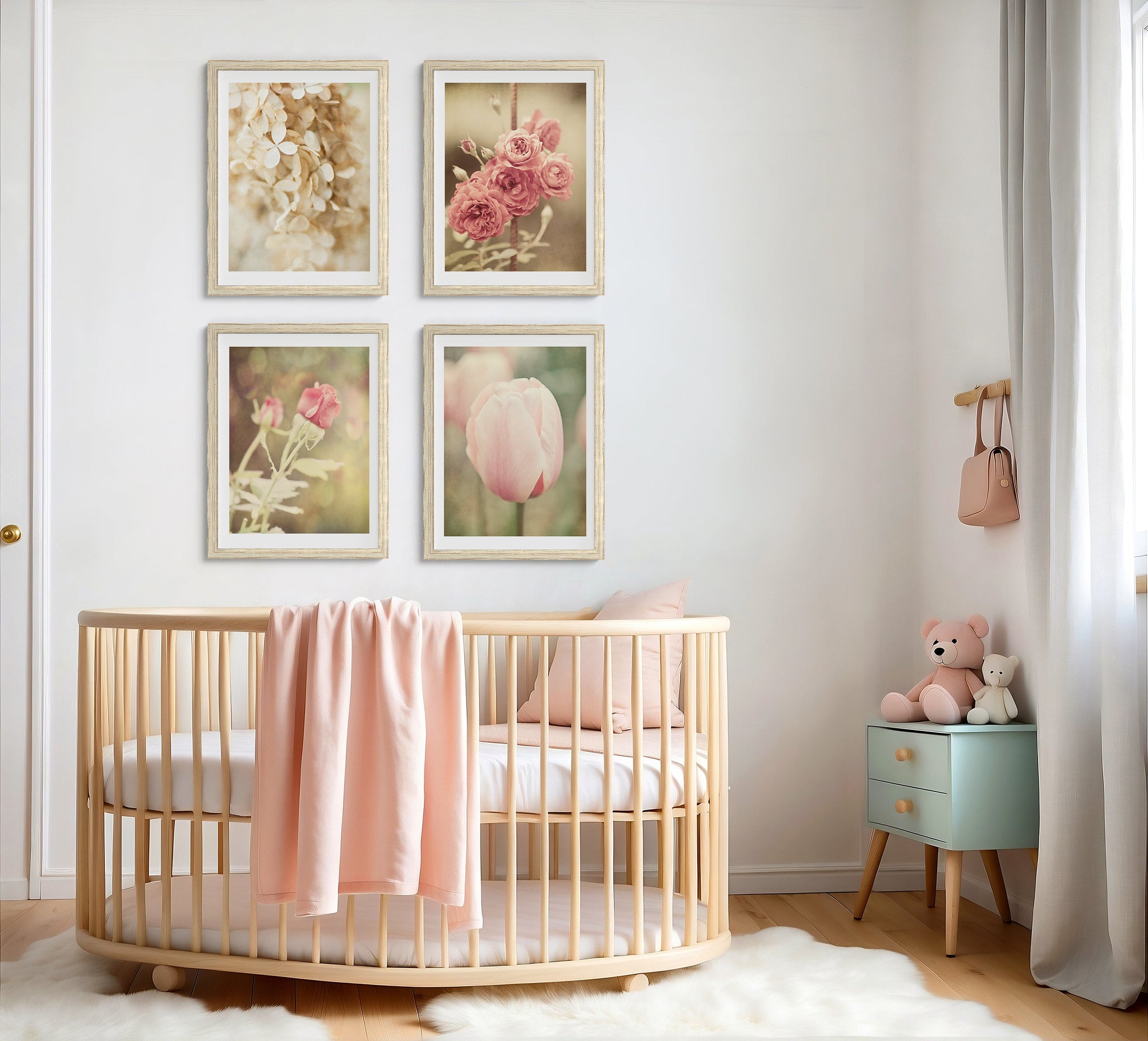 Pink Shabby Chic Flower Print Set of 4 for Bedroom, Bathroom or Nursery ...